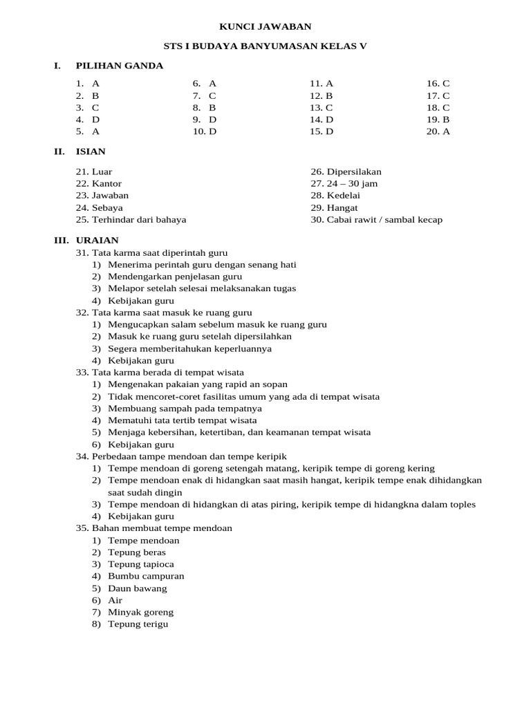 Lembar Jawab Dan Kunci Jawaban Budaya BMS | PDF