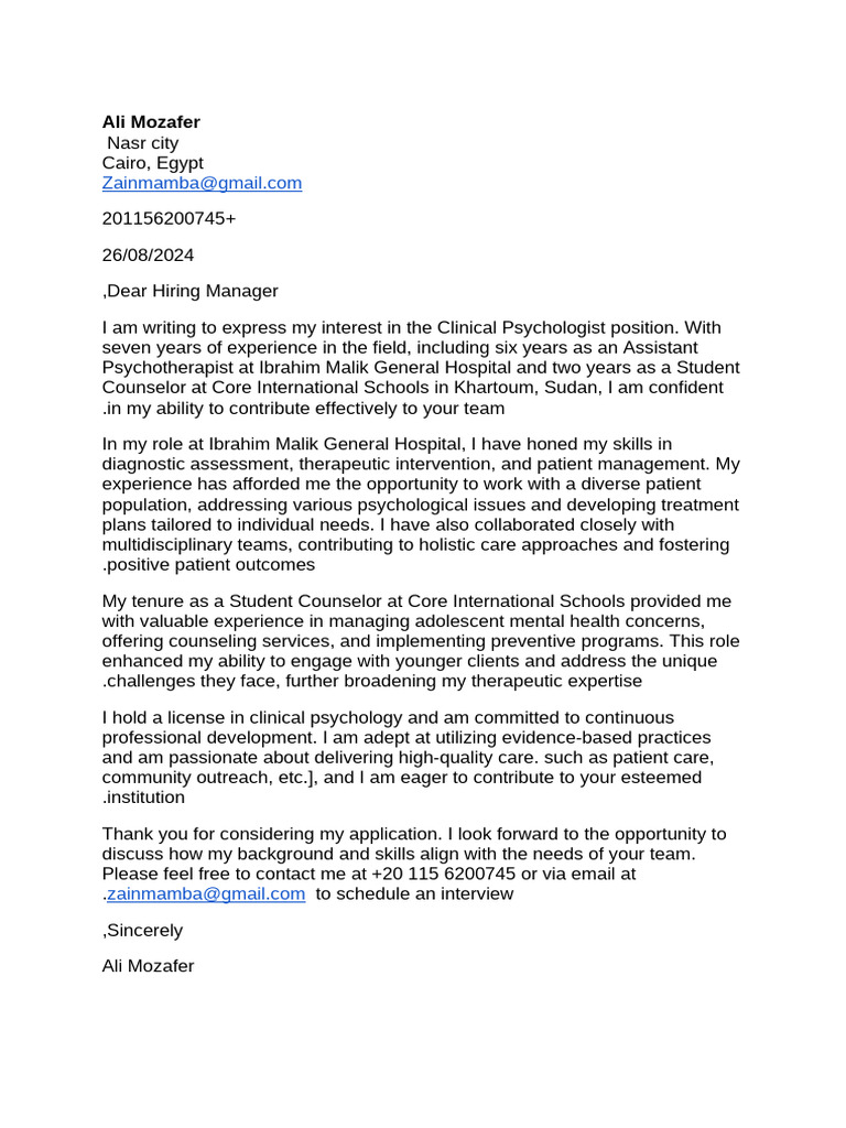 Cover Letter Psychologist | PDF