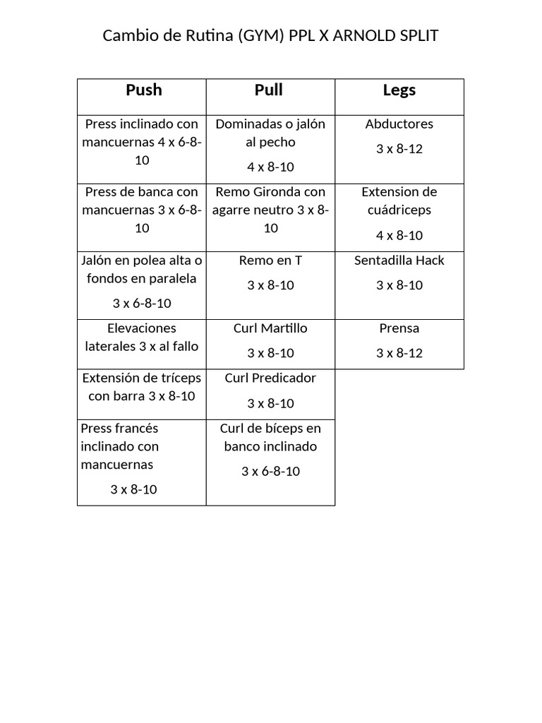 PPL X ARNOLD SPLIT (Mi Rutina) | PDF
