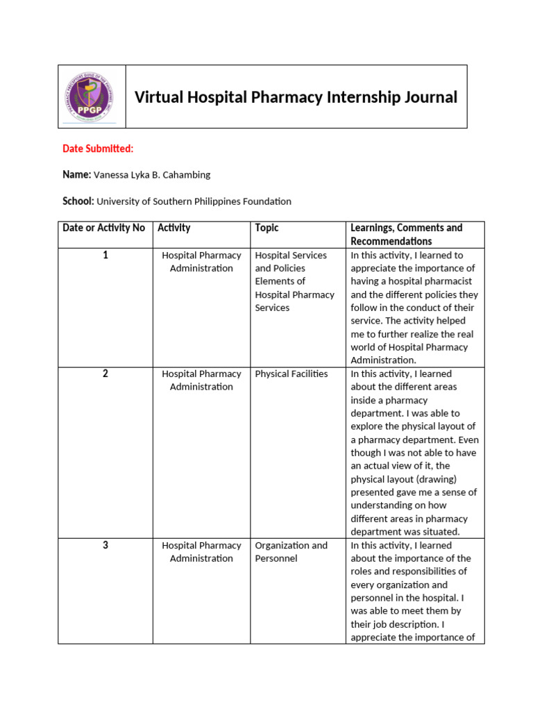 Cahambing Vanessa Lyka B. Virtual Hospital Pharmacy Internship Journal | PDF