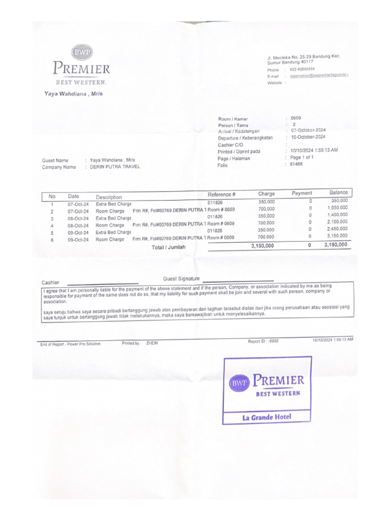 Invoice La Grande Hotel | PDF