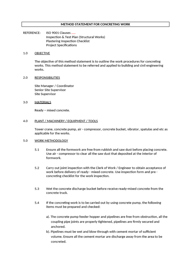 Method Statement For Concreting Work | PDF | Concrete | Technology & Engineering
