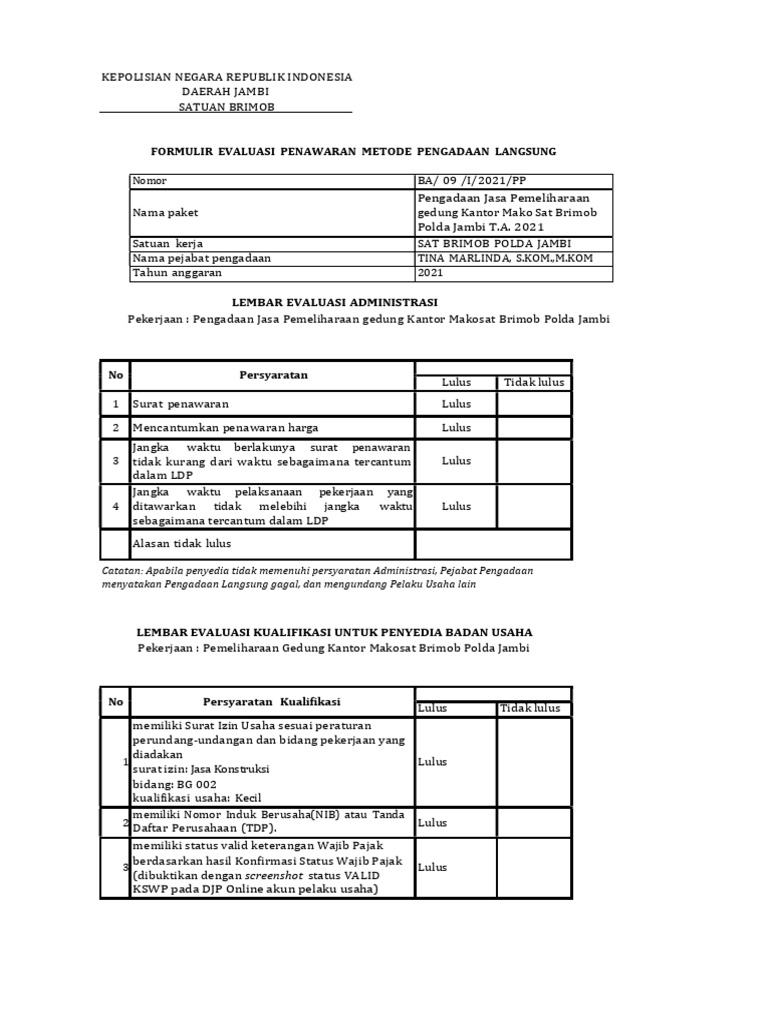1.1 Kertas Kerja Evaluasi Penawaran | PDF