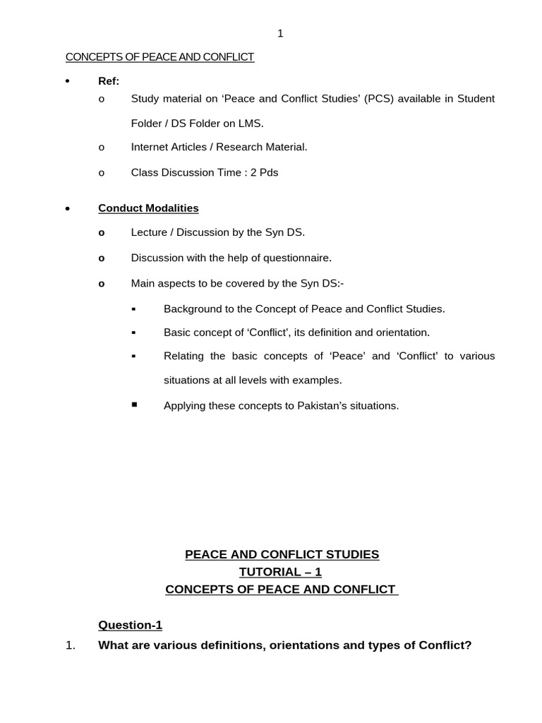 Peace and Conflict Studies Tutorial - 1 Concepts of Peace and Conflict Question-1 What Are ...