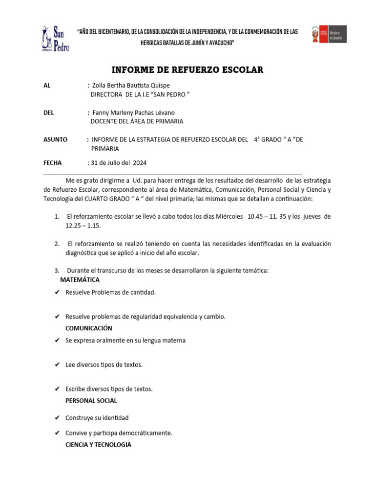 Informe de Refuerzo Escolar 4 Grado A | PDF