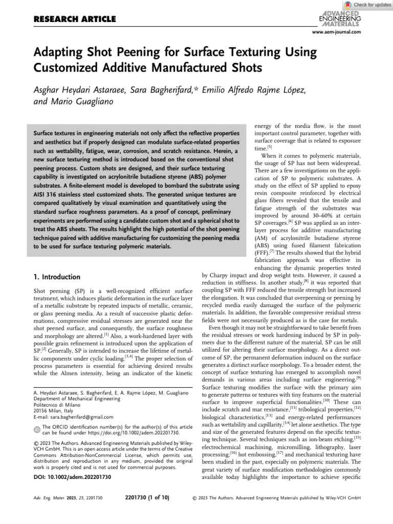 Adv Eng Mater - 2023 - Heydari Astaraee - Adapting Shot Peening For Surface Texturing Using ...