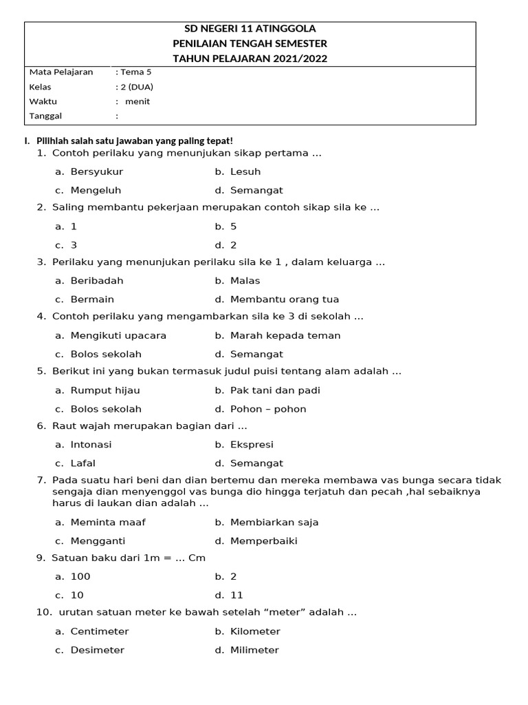 Soal Mid Genap Kelas 2 Tema 5 | PDF