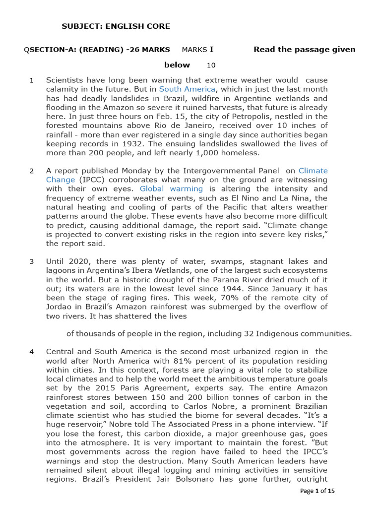 Sample Paper English Class 11 | PDF