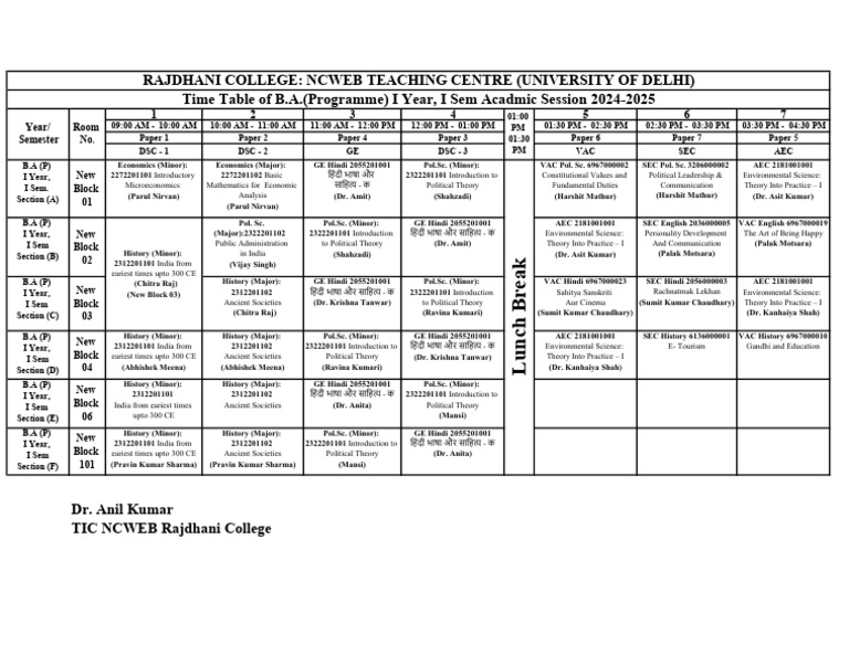 BA Programme Time Table 1st Year 1st Sem 09092924 | PDF