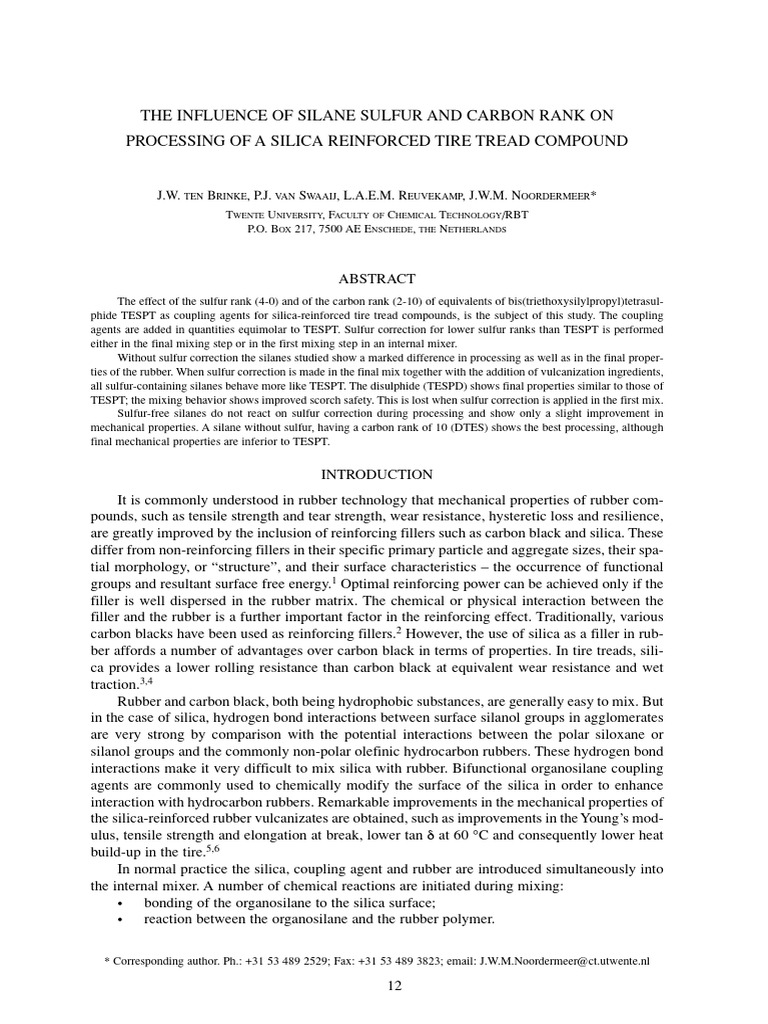 The Influence of Silane Sulfur and Carbon Rank On Processing of A Silica Reinforced Tire Tread ...