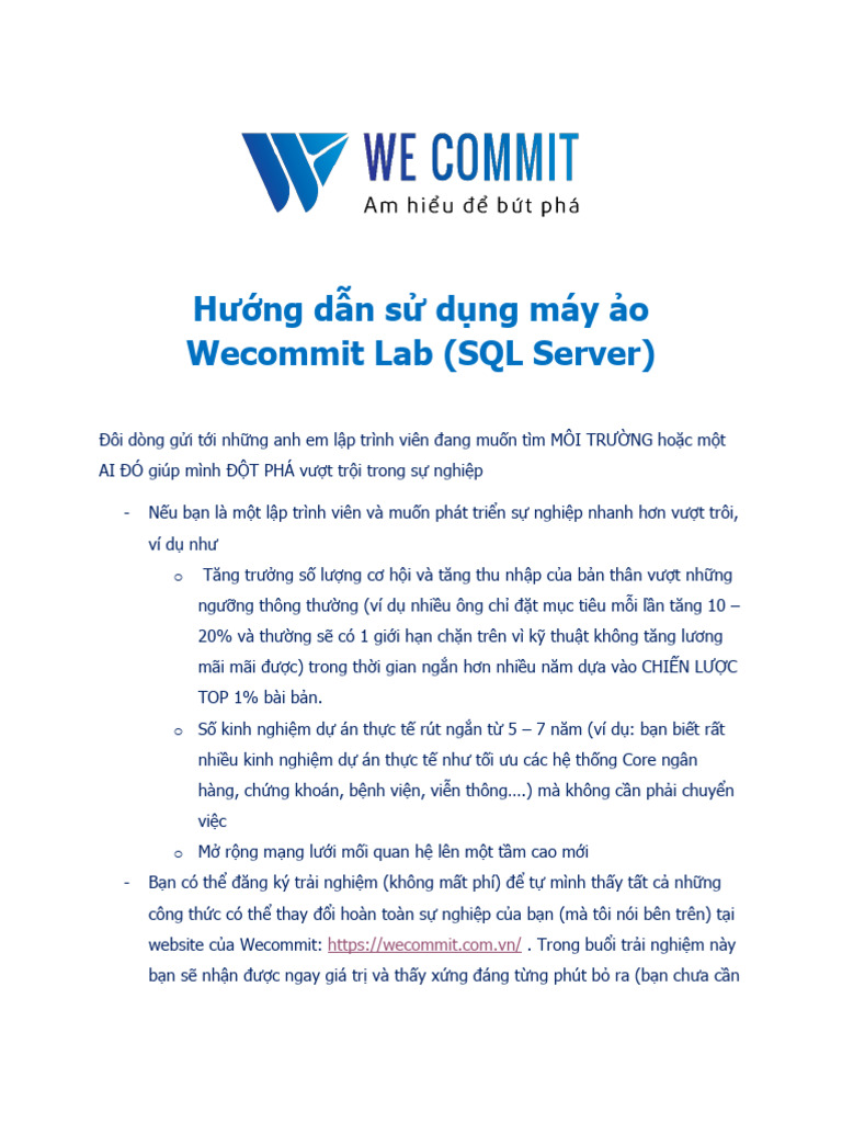 Hướng dẫn sử dụng máy ảo Wecommit SQL Server Lab | PDF