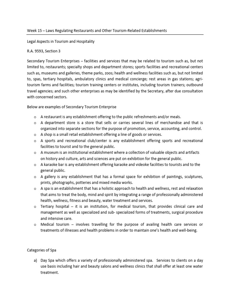 WK 15 Lecture 2 - Laws Regulating Restaurant and Other Tourism Related ...
