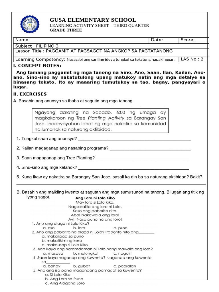 Learning Activity Sheets FILIPINO-3-Q3-W2 | PDF | Science & Mathematics ...