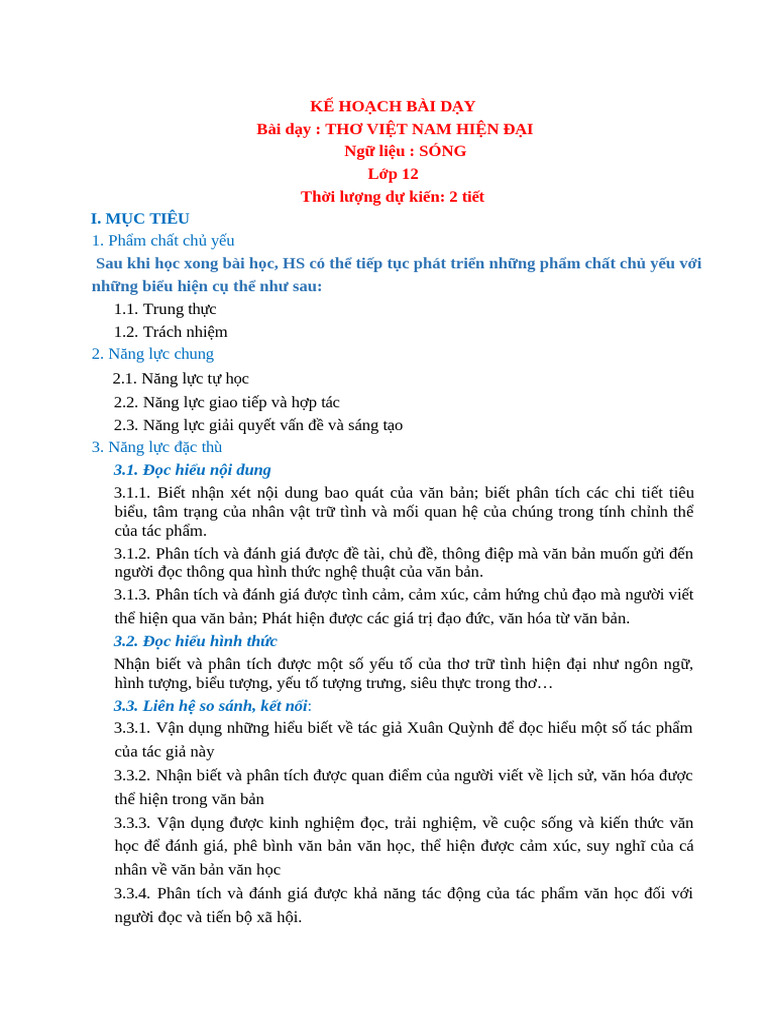 Ke Hoach Day Hoc Bai Tho Song Xuan Quynh | PDF