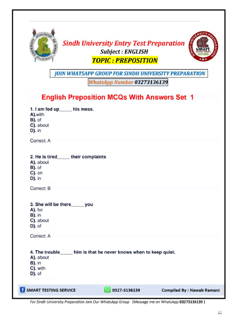 PREPOSITION MCQs for practice(2) | PDF