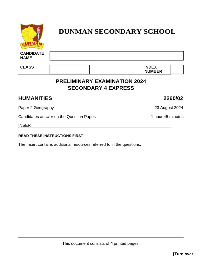 Dunman Secondary School 4EXP Prelim Geog 2024 Insert | PDF