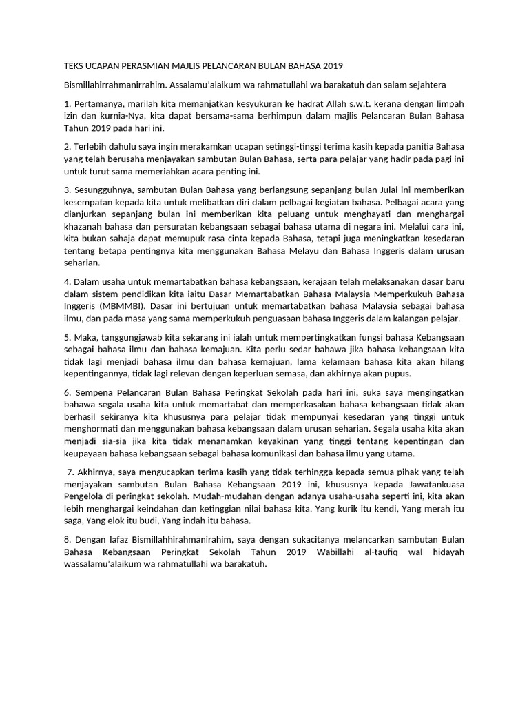Teks Ucapan Perasmian Majlis Pelancaran Bulan Bahasa 2019 | PDF