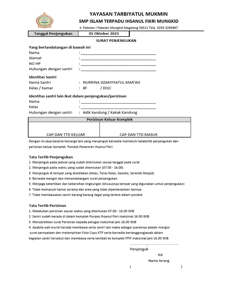 NURINA - Penjengukan Dan Perizinan Keluar Komplek (Putri) | PDF