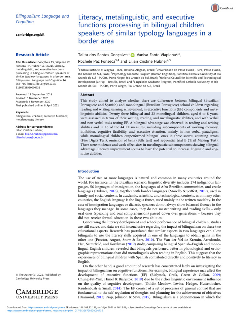 (CogLin) Literacy Metalinguistic N Executive Functions Processing in ...