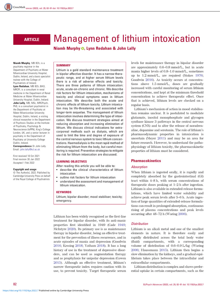 Management of Lithium Intoxication | PDF | Nonsteroidal Anti ...