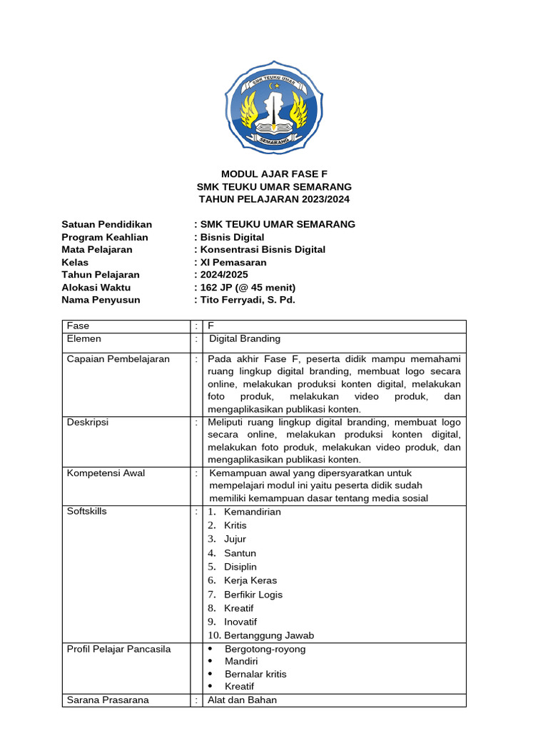 Modul Ajar Fase F Pak Tito Supervisi 2425 | PDF