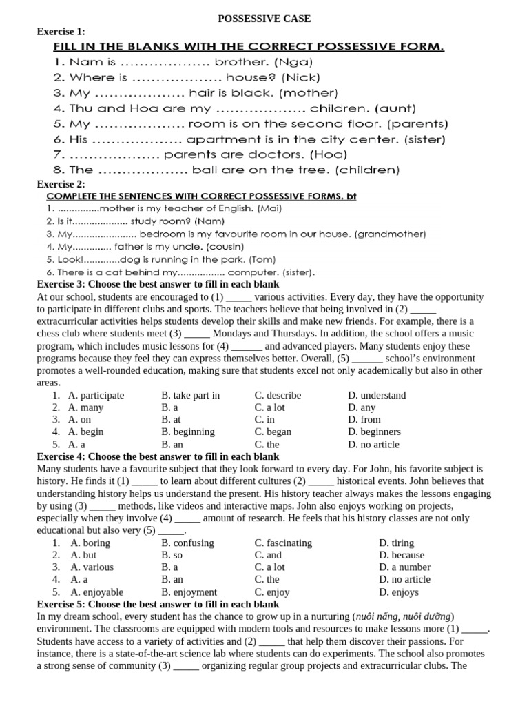 POSSESSIVE CASE Exercises and Reading Practice | PDF | Teachers | Cognition