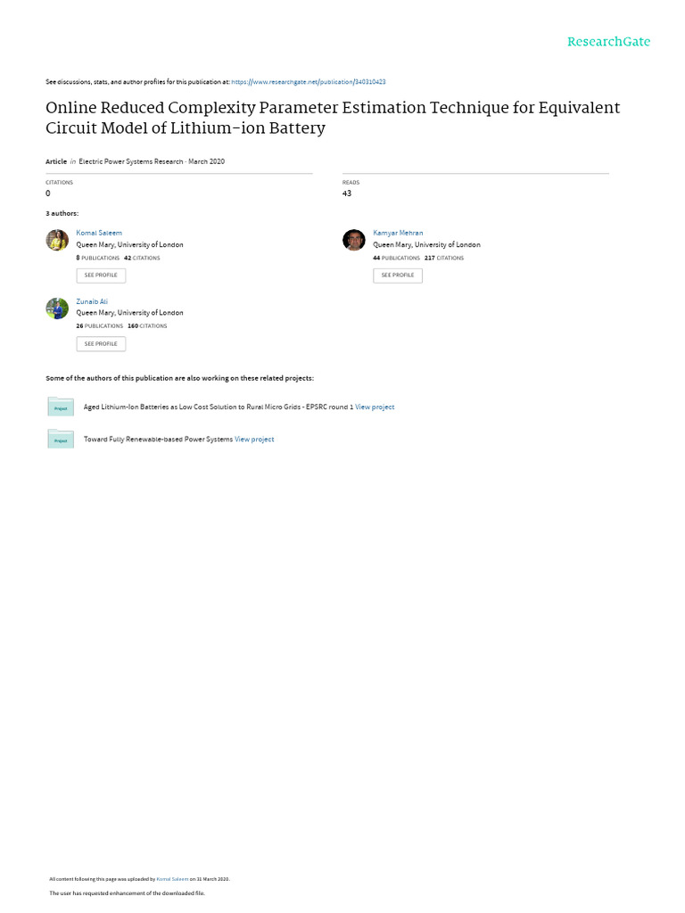 Online Reduced Complexity Parameter Estimation Technique For Equivalent Circuit Model Of Lithium