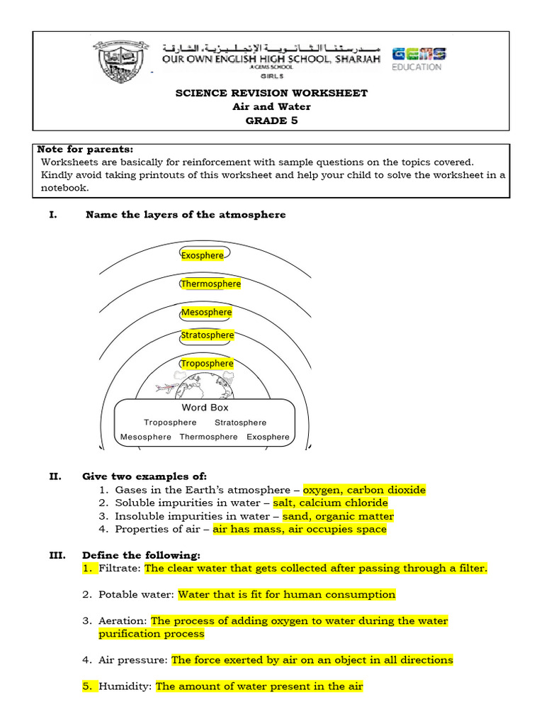 Air and Water - Revision Worksheet | PDF