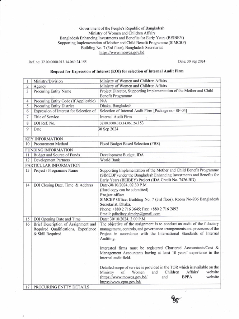 Audit Firm Appointment For Supporting Implementation of The Mother and ...