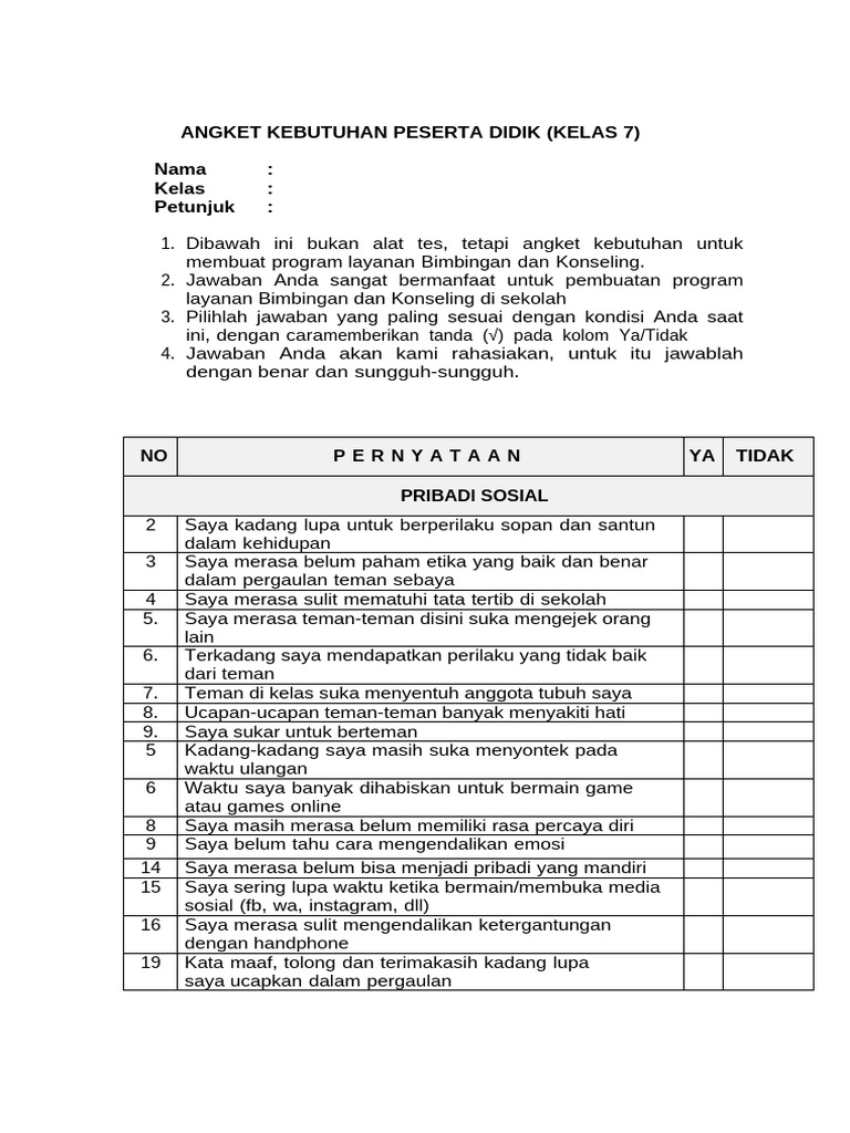 Angket Akpd Dan Angket Diagnostik Merdeka Belajar KLS Viii | PDF