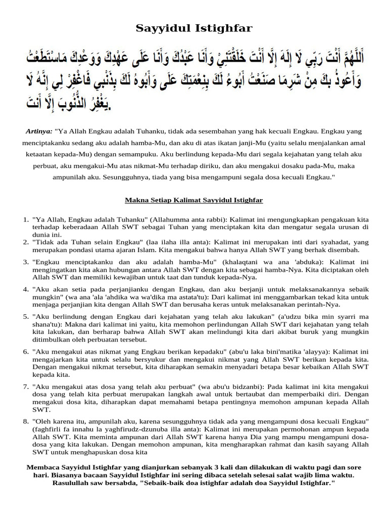 Makna Setiap Kalimat Sayyidul Istighfar | PDF