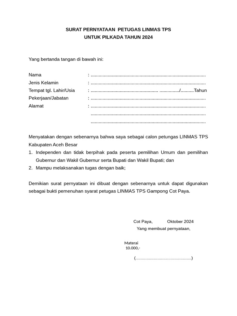 Surat Pernyataan Petugas Linmas TPS | PDF