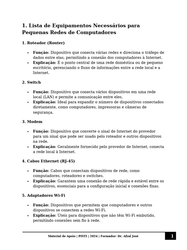 Lista de Equipamentos Necessários para Pequenas Redes de Computadores | PDF