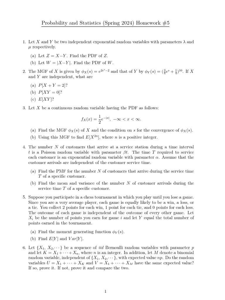 Probability and Statistics Spring 2024 Homework 5 | PDF