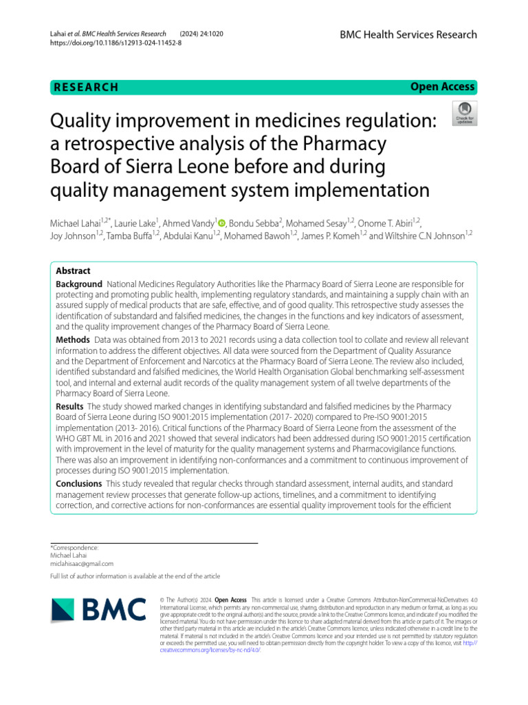 Quality Improvement in Medicines Regulation A Retrospective Analysis of ...