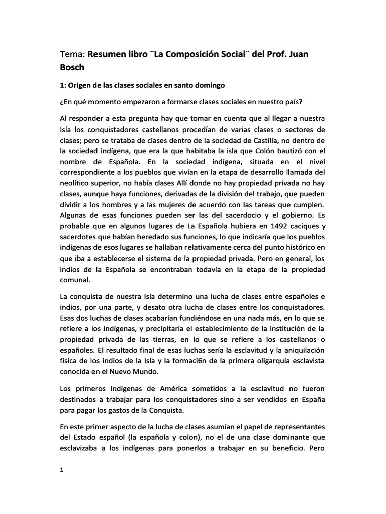 Resumen Composición Social Dominicana Prof Juan Bosch | PDF
