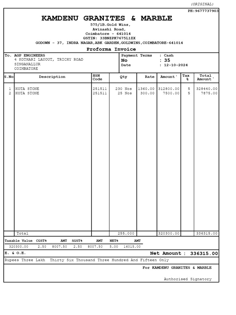 Kamdenu Granites & Marble: Proforma Invoice No: 35 | PDF