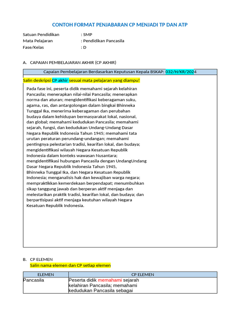 Format Penjabaran CP Menjadi TP Dan ATP | PDF
