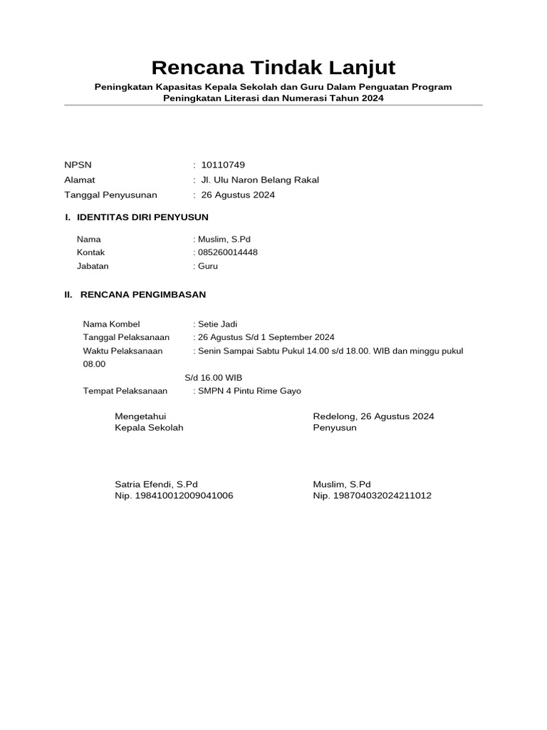 Rencana Tindak Lanjut Litnum | PDF