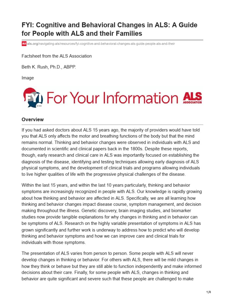 FYI Cognitive and Behavioral Changes in ALS A Guide For People With ALS and Their Families | PDF ...