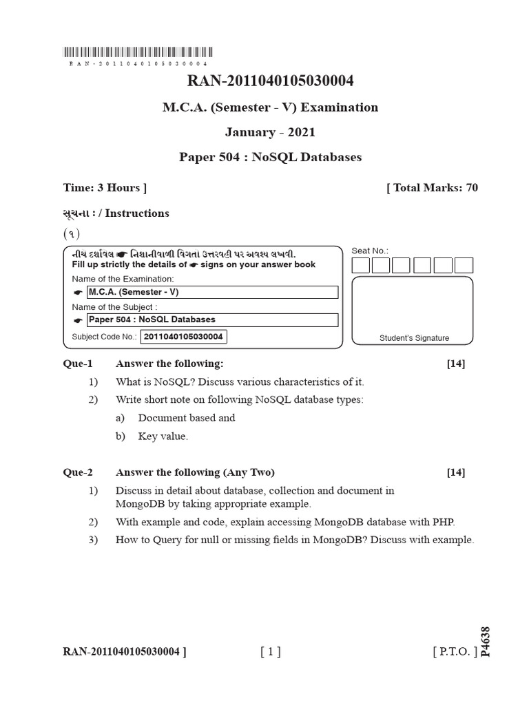 M.C.A. (Semester - V) Examination January - 2021 - 504 - NoSQL Databases | PDF | No Sql | Mongo Db