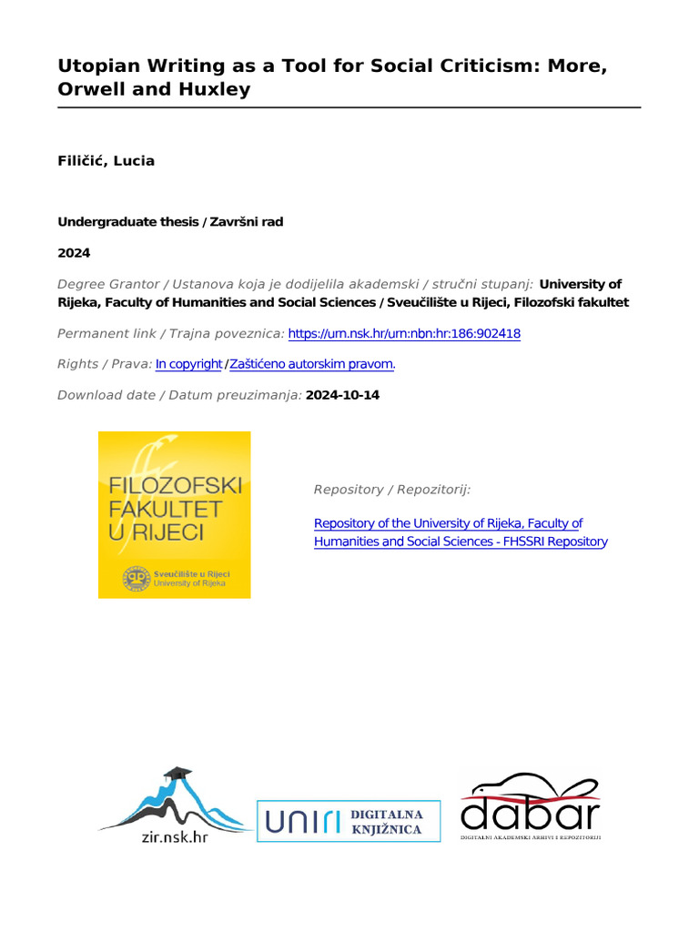 Lucia Filicic Utopian Writing As A Tool For Social Criticism Final ...