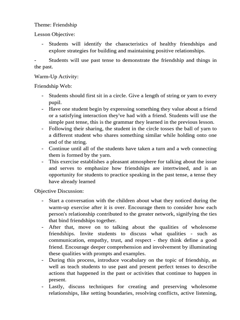Lesson Objectives Warm Up and Objective Discussion of Theme Friendship ...