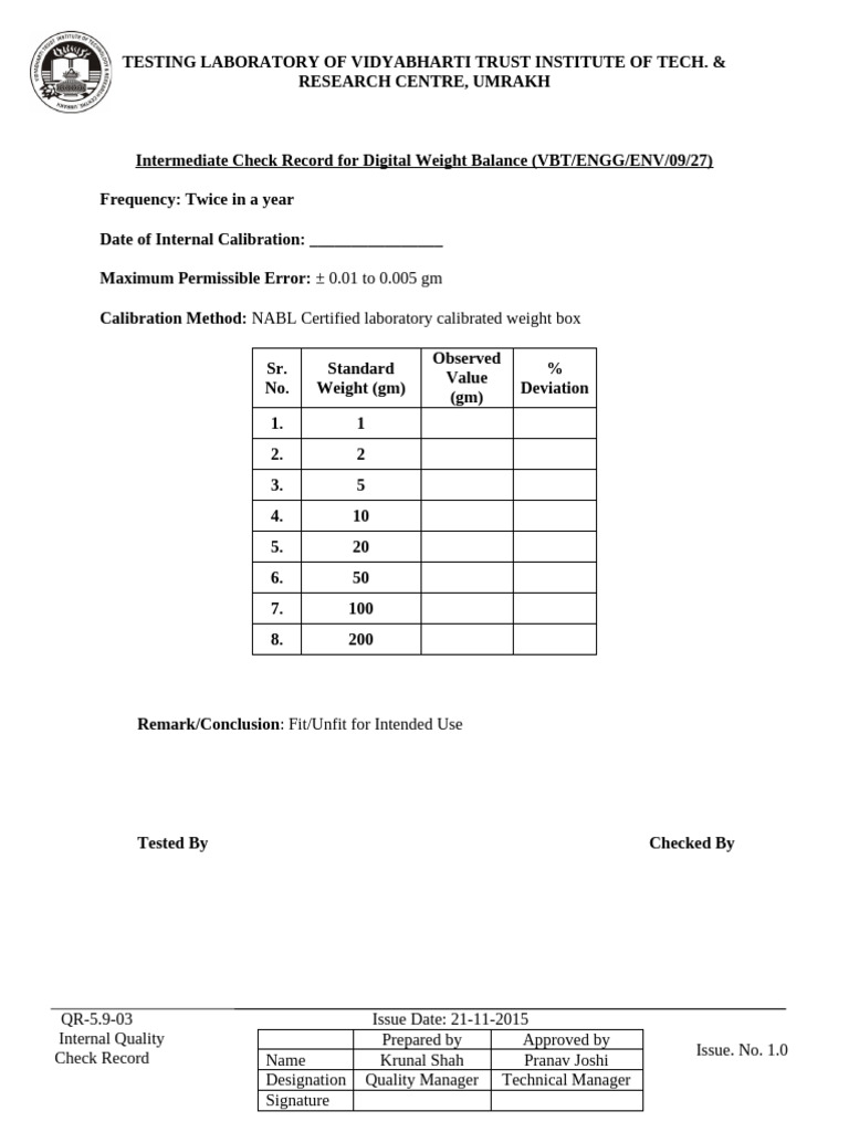 Intermediate Check Record For Digital Weight Balance | PDF