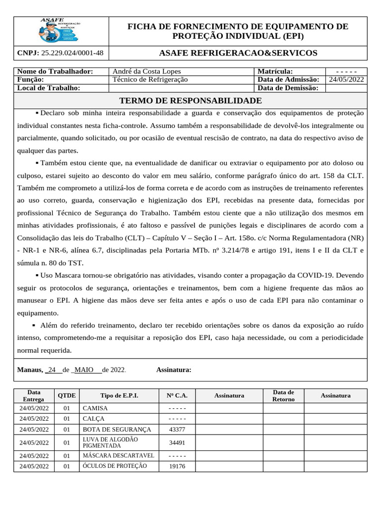 Ficha de Epi - André Da Costa PDF | PDF