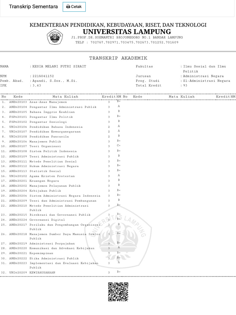 Transkrip Sementara | PDF