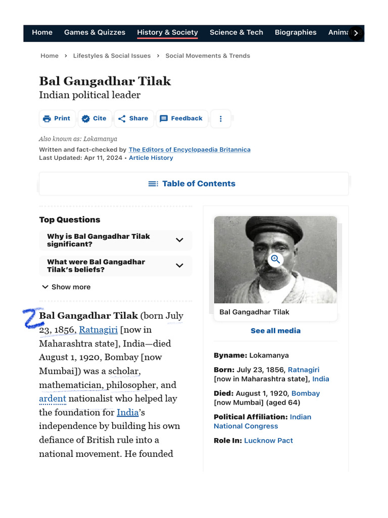 Bal Gangadhar Tilak - Biography, Books, & Facts - Britannica | PDF