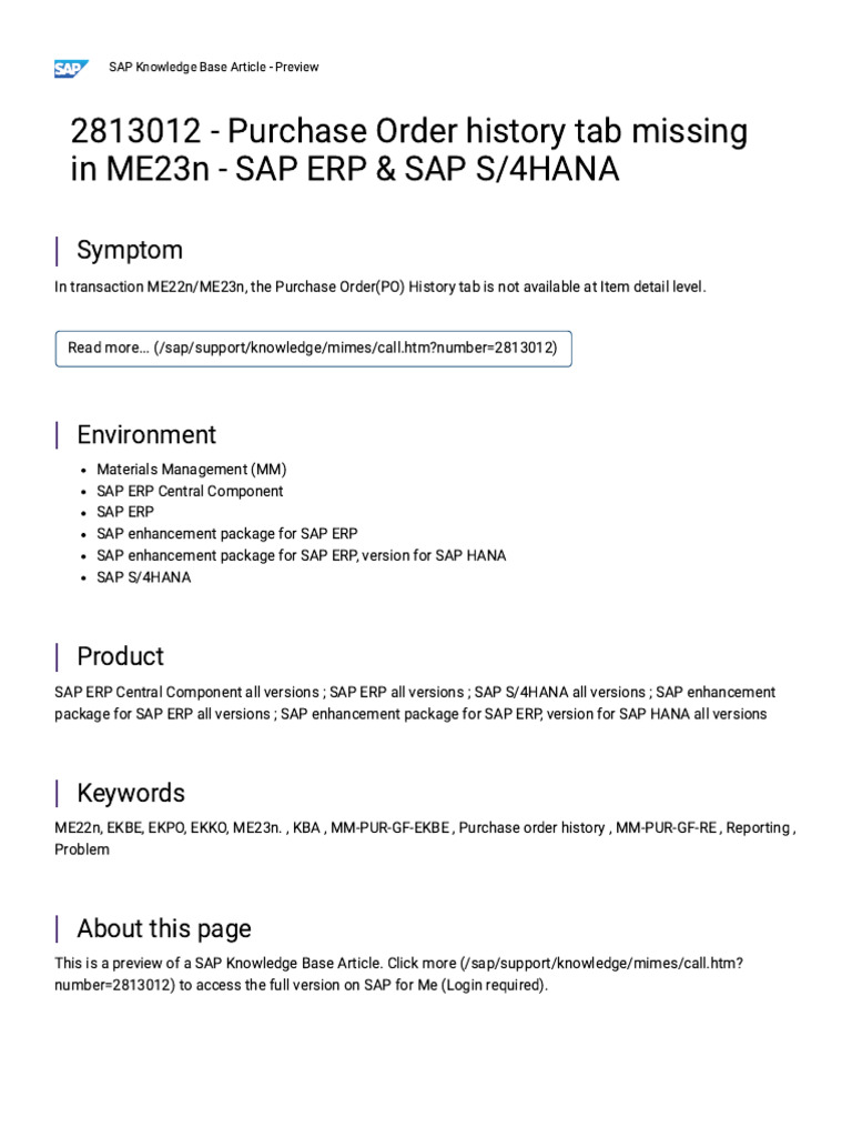 SAP NOTE 2813012 - Purchase Order History Tab Missing in ME23n - SAP ERP & SAP S - 4HANA - SAP ...