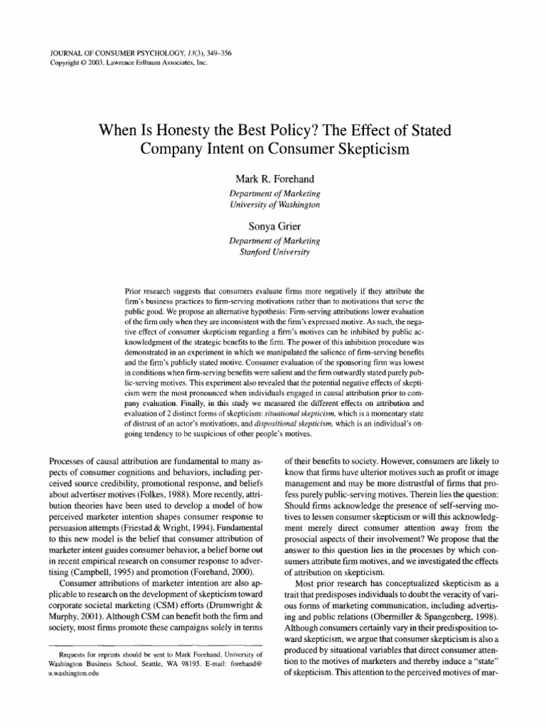 When Is Honesty The Best Policy The Effe | PDF