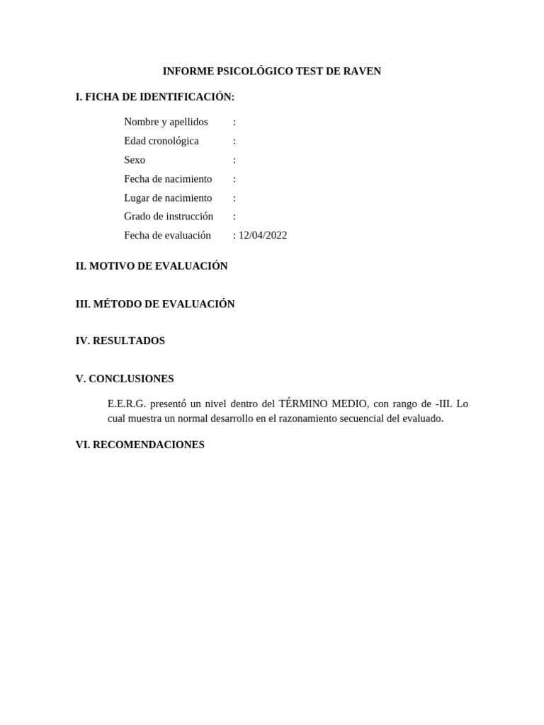 Formato Informe Psicológico Test de Raven | PDF